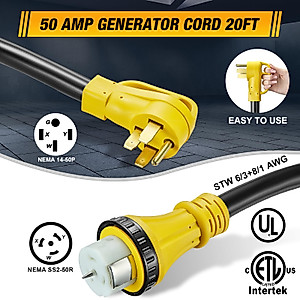 This Hill 50 Amp Generator Cord with Inlet Box, 20FT RV Extension Cord Heavy Duty STW 6/3+8/1 AWG, 125V/250V NEMA14-50P/SS2-50R Generator Extension Cord for Generator to House,Twist Lock Connector
