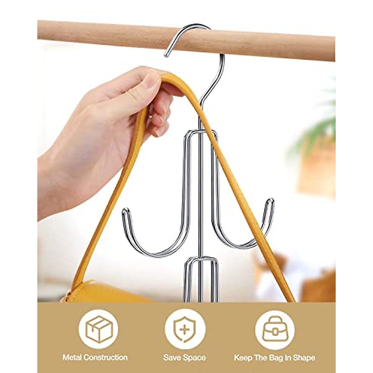 2Pack Purse Hanger Organizer for Closet Handbag Silver Metal Holder, Hanging Closet Organization Storage Scarves, Men's Ties, Women's Shawls, Backpacks, Belts, Accessories, Clothes (Silver)