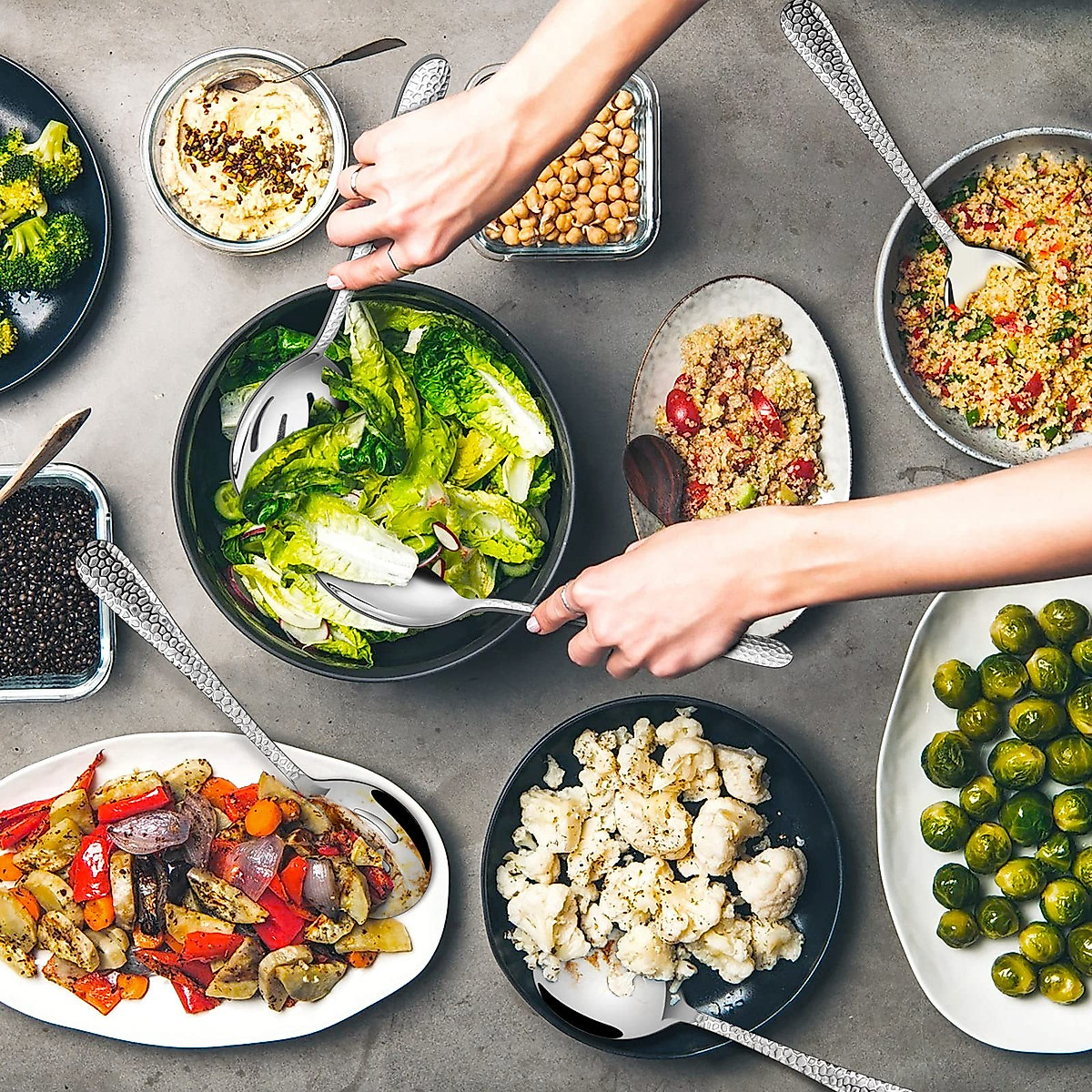 Hammered Serving Spoons, E-far 8-Piece Metal Serving Utensils Set - Solid Spoons x 4, Slotted Spoons x 4, Stainless Steel Hostess Serving Tablespoons Set for Catering Buffet Party Kitchen Restaurant