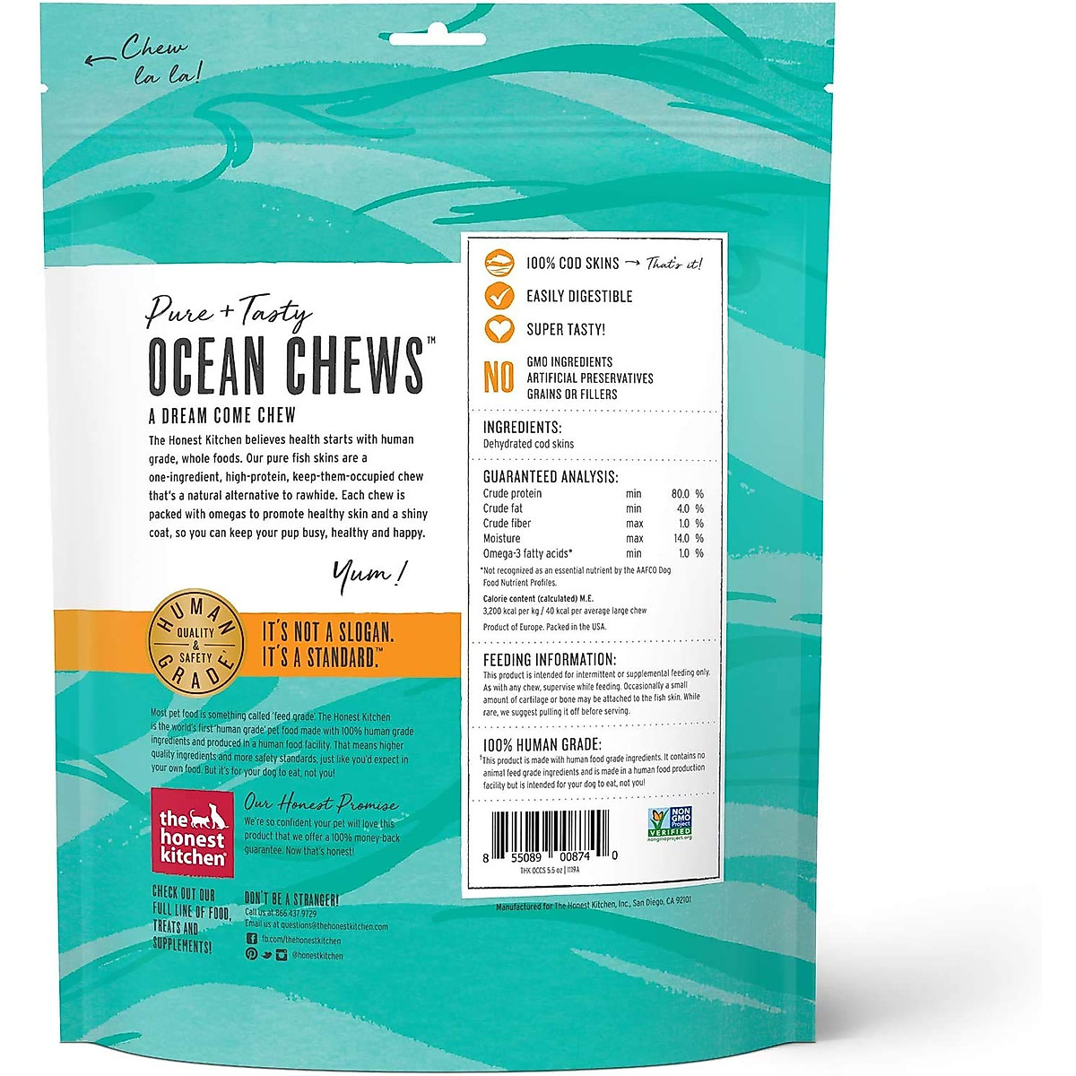 The Honest Kitchen 3 Pack of Crispy Cod Fish Skins Ocean Chews Single-Ingredient Dog Treats, 5.5 Ounces Each
