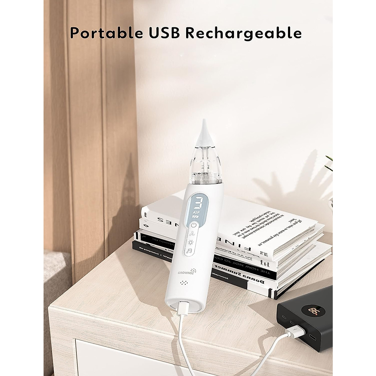 GROWNSY Upgrade Nasal Aspirator for Baby, Rechargeable Baby Nose Sucker, Electric Nose Suction for Baby with Advanced Soothing Music and Light Design, Food-Grade Silicone Tips, 3 Suction Modes