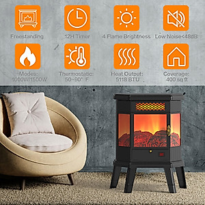 Electric Fireplace Heater 22'' Freestanding Fireplace Stove Infrared Fireplace RealSmart with 3D Flame Effect Remote Control, Timer, Overheating Protection Heater for Indoor Use Black