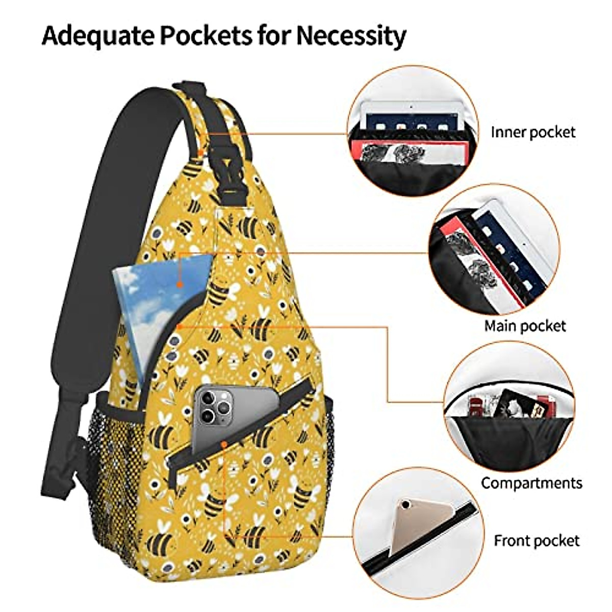 ROSIHODE Cute Funny Bees Pattern Sling Backpack,Travel Hiking Daypack Crossbody Shoulder Bag for Men Women Boys Girls