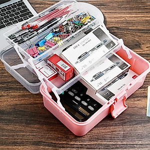 Akamino 2 Pcs Multipurpose Storage Box with Handle,3-layer Plastic Sewing, Art & Craft Case,11 In Portable Locking Tool Container Tackle Box for Cosmetic Medicine Jewelry Hair Accessories(Pink)