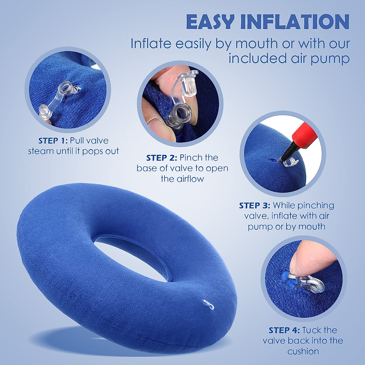 4 Pack Donut Pillow Donut Cushion with Air Pump 15'' Inflatable Donut Seat Cushion Blue Coccyx Butt Pillow Round Doughnut Pillow for Tailbone Hemorrhoid Prostatitis Office Car Home Bed Chair Supplies