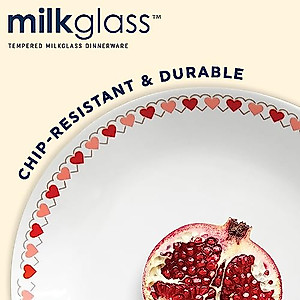 Corelle MilkGlass 12-Pc Dinnerware Set, Service for 4, Durable and Eco-Friendly, Higher Rim Glass Plate & Bowl Set, Microwave and Dishwasher Safe, Hearts