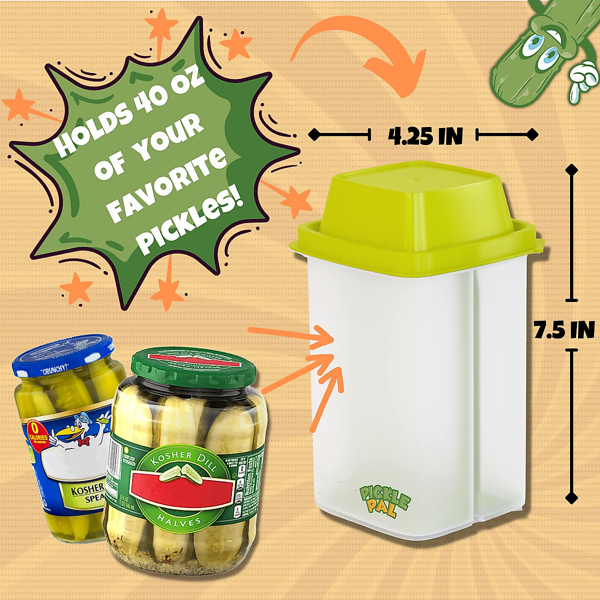 Pickle Pal Pickle Container with Strainer | Jalapeno Container with Pickle Grabber | Pickle Jar with Strainer Flip for Olives, Fruit, Veggie Containers | Pickle Holder 40 oz | Chamoy Pickle Kit
