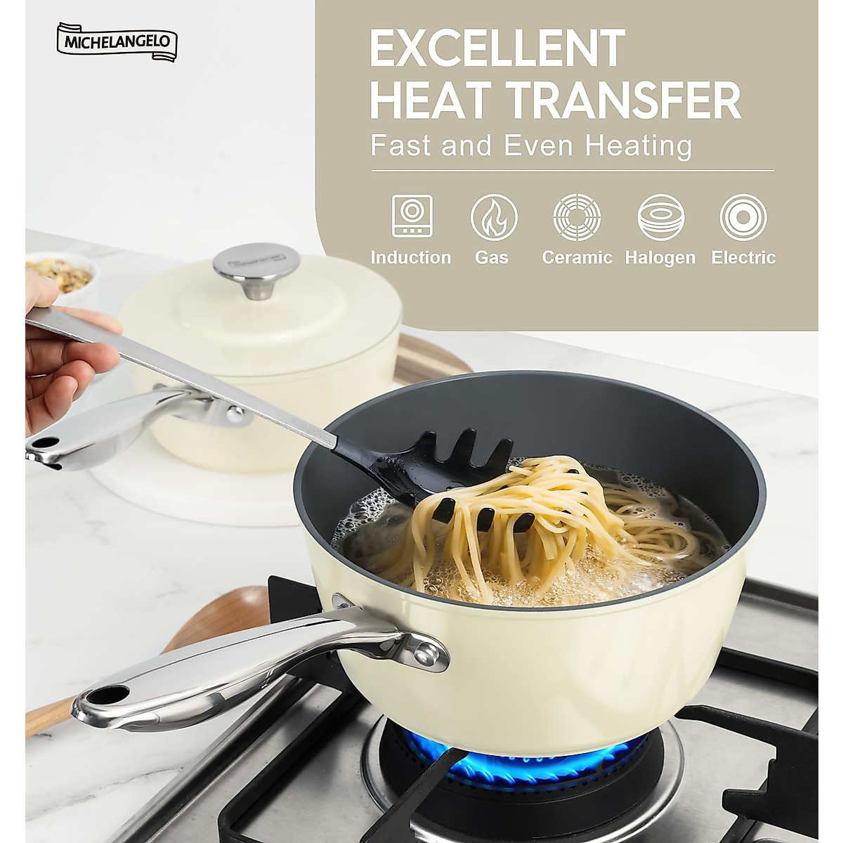 MICHELANGELO Sauce Pan with Lid, Nonstick Ceramic Saucepans Set, 1.5Qt & 3Qt Sauce Pan Sets with Stainless Steel Handle, Non-Toxic, Induction Compatible, Oven Safe