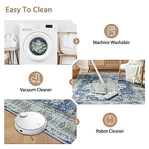 BESTSWEETIE 8x10 Area Rugs Machine Washable No Pile Non Slip Vintage Rugs for Living Room&Bedroom&Dinning Room Bohemian Distressed Carpet Indoor,Blue