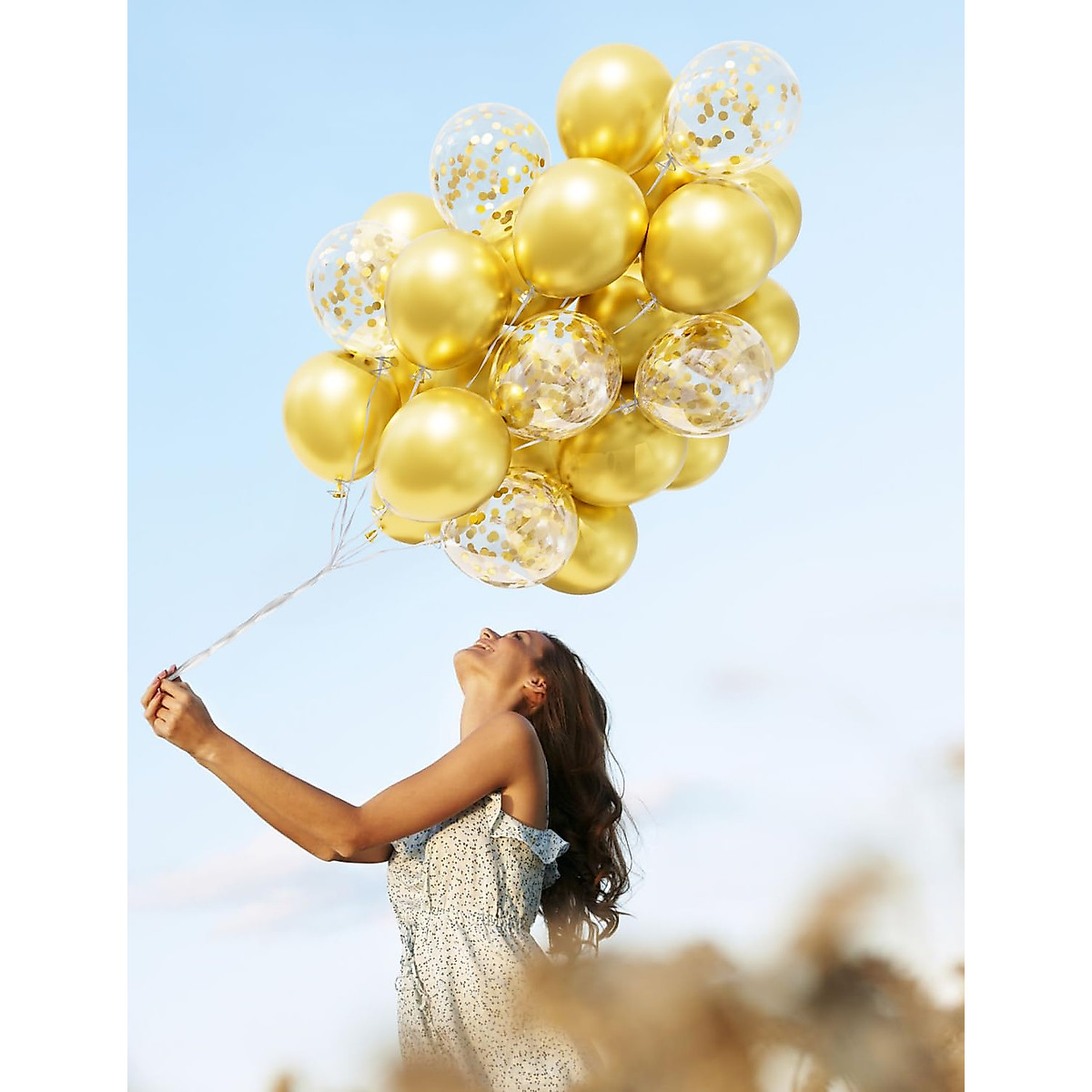 Adeyoo Metallic Gold Party Balloons,60pcs Gold Confetti Balloons Set,12 Inch Natural Latex Balloons Sparkle Balloons Metallic Balloons with Ribbon for Birthday Graduation Anniversary Party Decorations