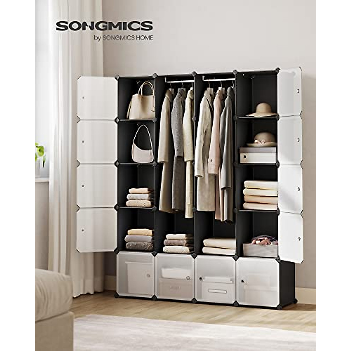 SONGMICS Cube Storage Organzier Portable Wardrobe Closet, 12 Cubes DIY Plastic Armoire Cabinet Modular Shelves Unit with Doors and Hanging Rods for Bedroom, Black ULPC301B01