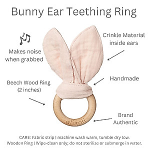 Ali+Oli Crinkle Bunny Ears Wooden Teethers for Babies (Pink) Bunny Ear Teething Ring, Wooden Toys for Babies, Gender Neutral Baby Gift, Teething Toys for Babies, Newborn Animal Teether Toys