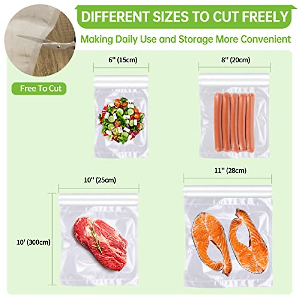 Vacuum Sealer Bags, 7 Rolls Food Storage Bags Rolls with 1 Marker & 80 Labels, BPA Free Commercial Grade Food Seal Bag for Microwave, Sous Vide, Freezer Food Storage - 6 Inch | 8 Inch | 10 Inch | 11 Inch Width (10 Feet Length)
