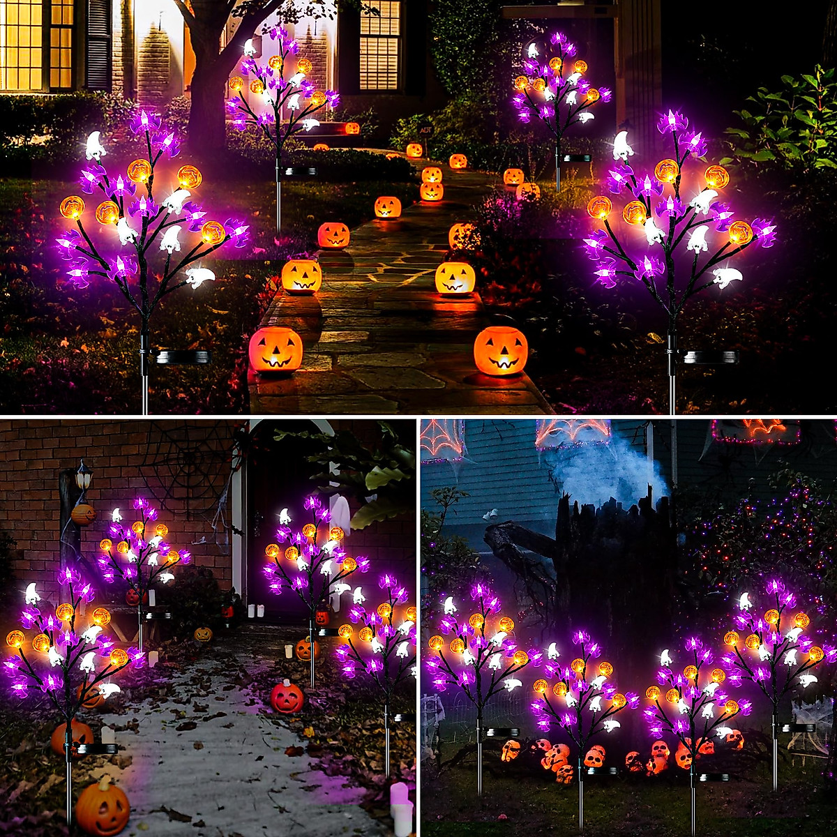 Sakayo 2 Pack Solar Lights Halloween Decorations Outdoor, Outdoor with 20 3D Ghost Bats Pumpkin LED Lights, Modes Waterproof Stake for Party Lawn Decor DCD1242