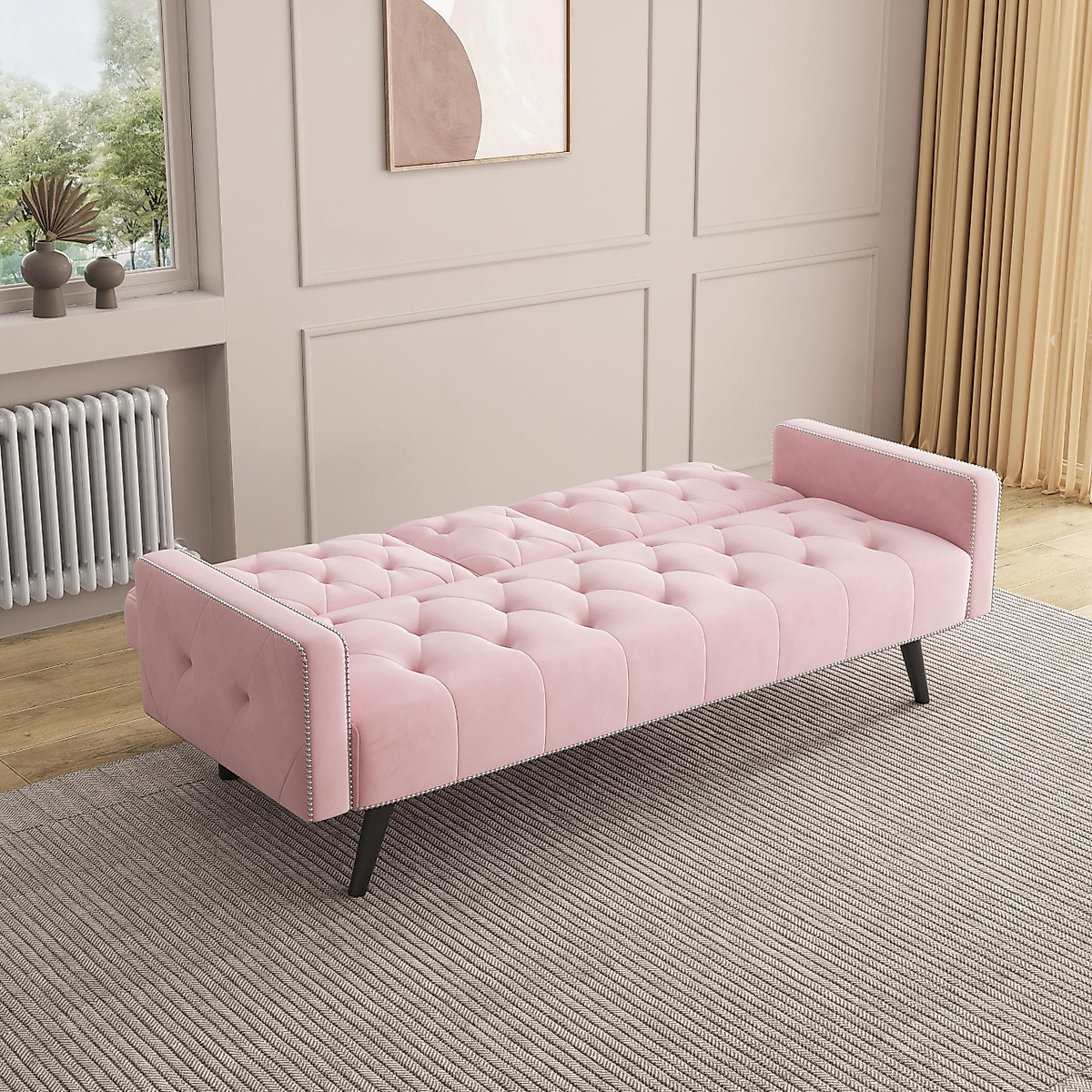 BKSFOAA Pink Futon Sofa Bed, Convertible Futon Sofa with Cup Holders and Nail Head Trim | Velvet Sofa for Small Spaces, Living Room, Dorm, Office