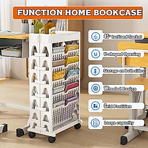 Atkits Utility Cart Organizer Mobile Bookshelf Cart Rolling 6 Tier Movable Bookshelf Cart Desk Side Cart for Office Dorm Classroom,White