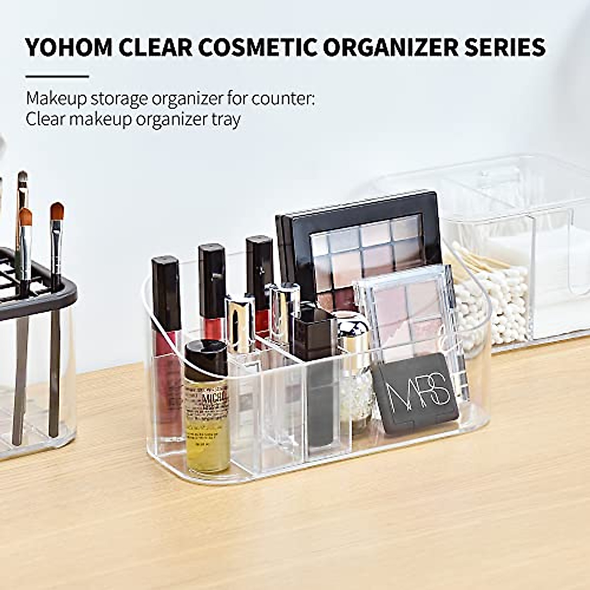 YOHOM Small Clear Makeup Organizer Tray Vanity Cosmetic Brush Holder Storage Box 9-Compartments Countertop Lipstick collection Display Case with 2 Dividers Plastic