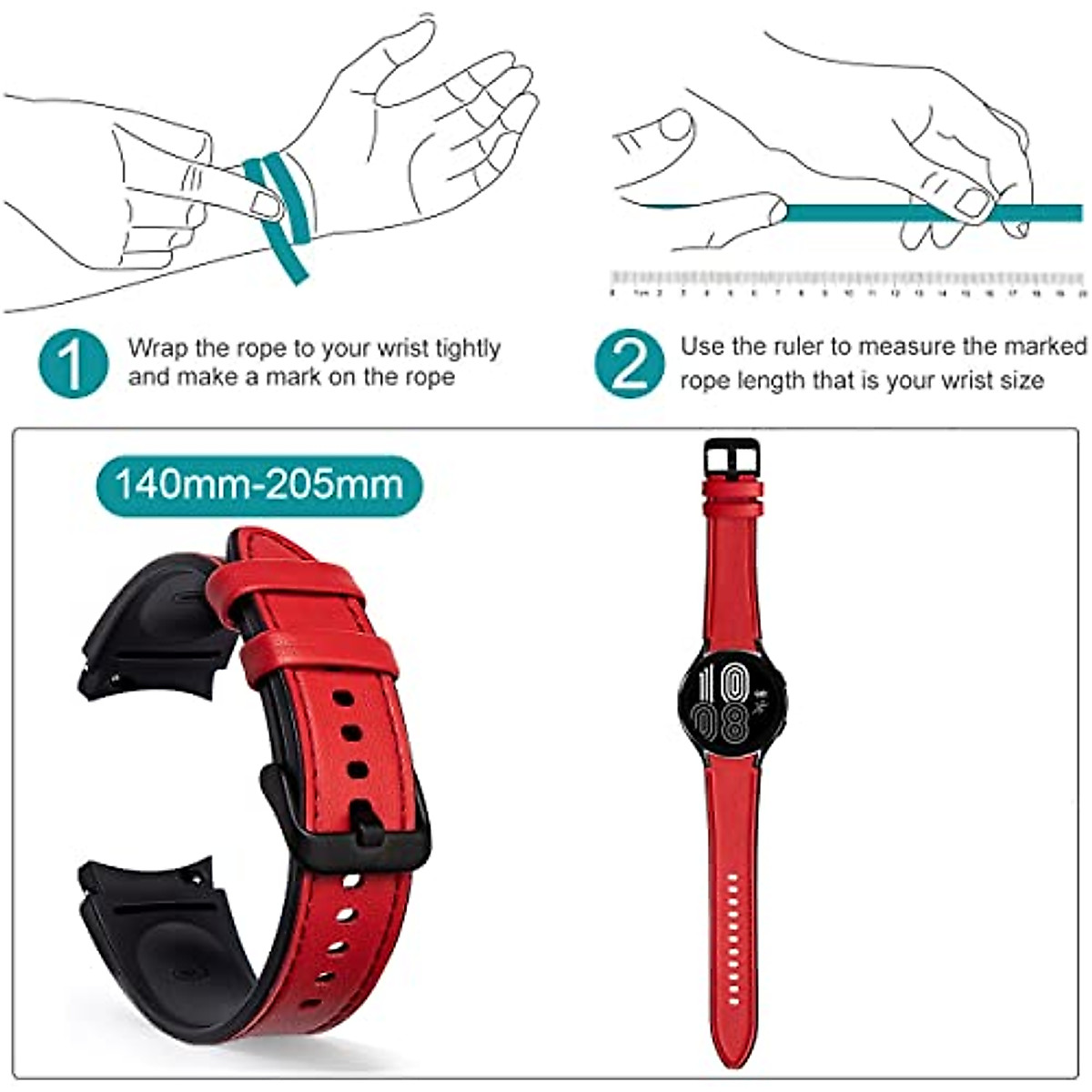 VQ PU Leather Bands Compatible for Samsung Galaxy Watch 4 Band 40mm 44mm,20mm Adjustable Sport Replacement Watch Band Straps Red