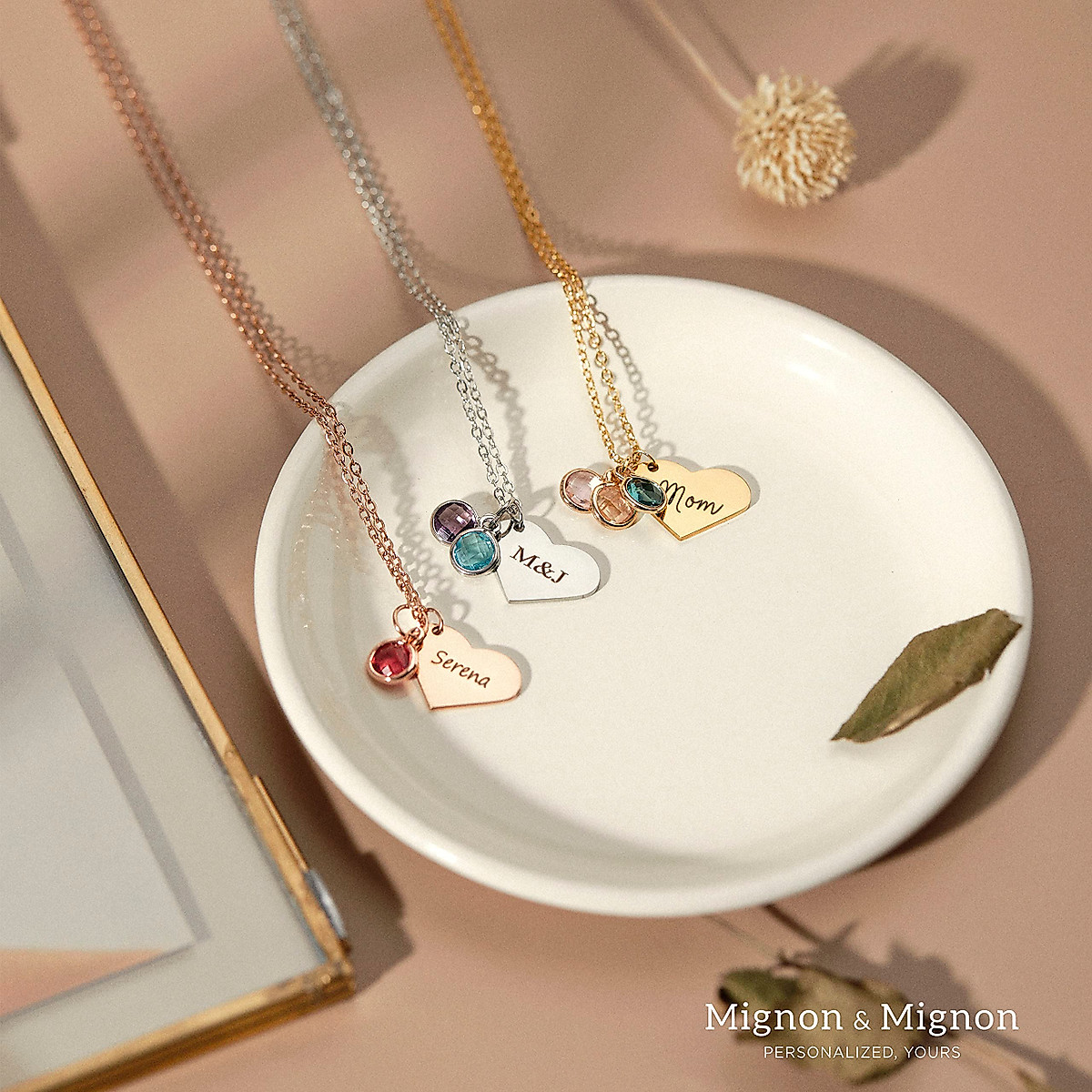 MignonandMignon Custom Name Engraved Birthstones Necklace Women Personalized Date Heart Jewelry Mothers Day Gifts for Her Matching Necklace April May Friends Birthday - MHN-BS