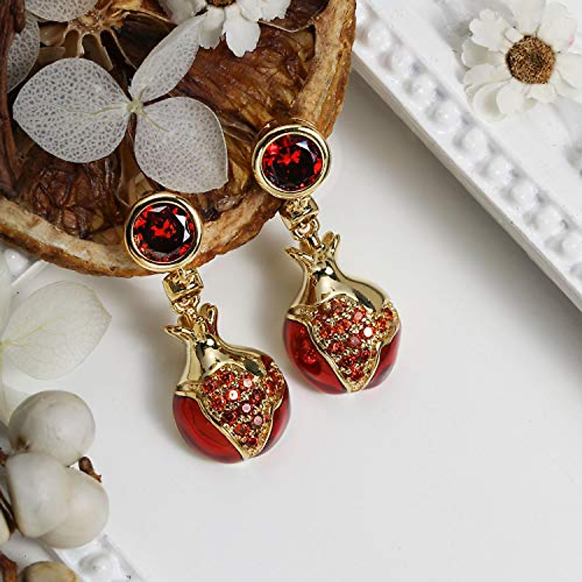 SISMIURRA Pomegranate Dangle Earrings 18K Gold Plated with Red AAAAA Sparkling Cubic Zirconia Fruit Drop Earrings Birthday Gift for Women