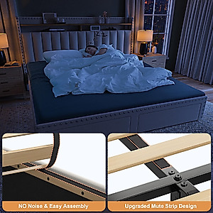 EnHomee Queen Bed Frame with Headboard and Storage, Upholstered Queen Bed Frame with Storage, Queen Size Bed Frame with 2 Drawers, Queen Size Bed Frame with Storage, NO Noise,No Box Spring Needed