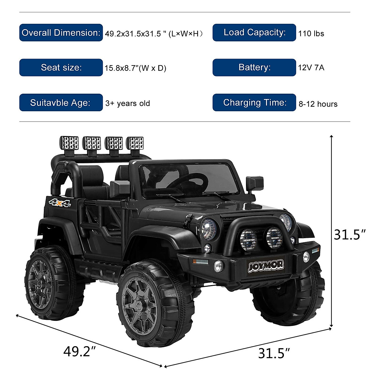 VALUE BOX Safety 12V Electric Two Seaters Ride On Car, Remote Control Kids Toddler Ride On Cars Motorized Vehicles Toy Car, Wheels Suspension, Seat Belts, LED Lights and Horn (Black)