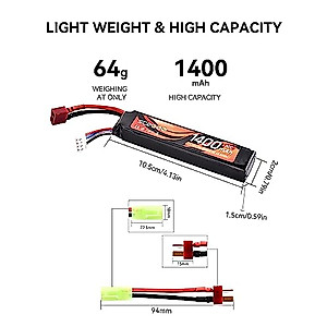 11.1V LiPo Battery Airsoft Deans Connector Rechargeable 1400mAh 30C Stick Battery with T Plug to Mini Tamiya Cable for Airsoft Guns Airsoft Rifle