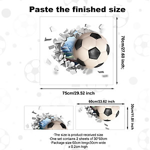 29.5x27.6 Inch 3D Football Wall Sticker Set, 2 Sheets Soccer Decals for Boys Room, PVC Self-Adhesive Soccer Wallpaper Sport Posters Wall Art Decor for Kids Bedroom Home Party Birthday Decoration