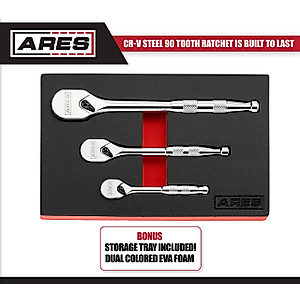 ARES 42000-3-Piece 90-Tooth Full Polish Ratchet Set - Chrome Vanadium Steel Construction & Chrome Plated Finish - Reversible Design - 4 Degree Swing - Ratcheting Tool Set
