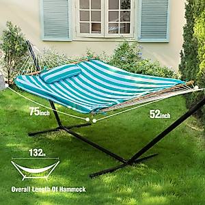 Double Outdoor Hammock with Stand, 2 Person Cotton Rope Hammock with Polyester Pad and Pillow for Backyard Porch Patio Garden