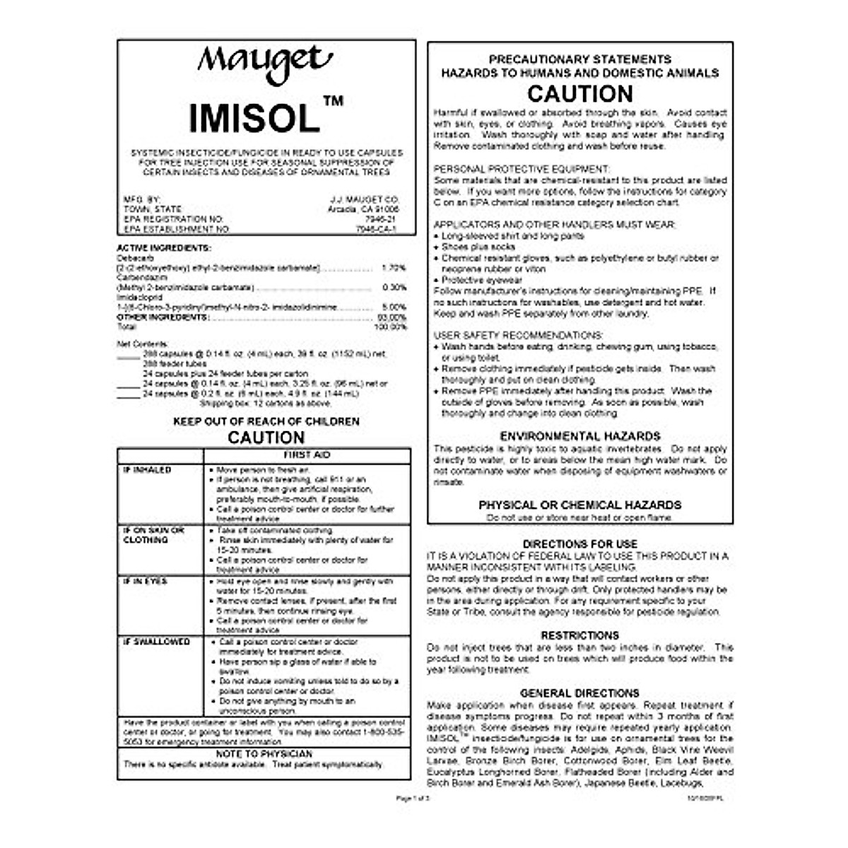 Mauget Imisol 4ml, Tree Injector Combination of Insecticide & Fungicide, Containing Imidacloprid & Debacarb (Imicide, Fungisol)