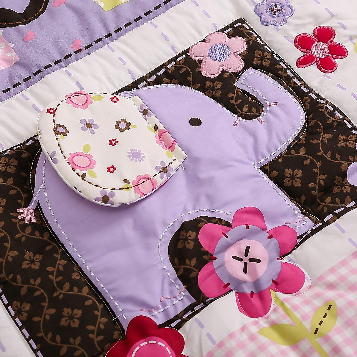 6 PCs Purple Elephant Nursery Crib Bedding Set Violet Embroidery Elephant Theme Baby Cot Bedding Set Quilt , Fitted Sheet , Skirt , Diaper Storage Bag ,Changing Cover, Window Valance,28 x 52''