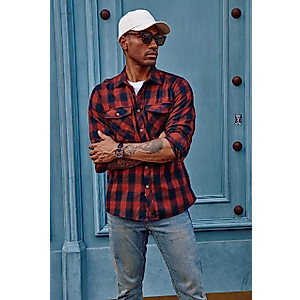 PJ PAUL JONES Mens Casual Button Down Shirts Flannel Plaid Cotton Regular Fit Long Sleeve Shirts Red Large