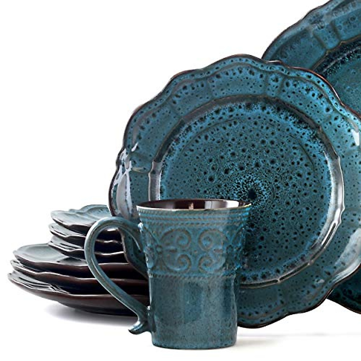 Elama Round Stoneware with Scalloped Edges Dinnerware Dish Set, 16 Piece, Blue