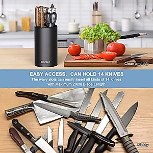 Knife Block Holder, Cookit Universal Knife Block without Knives, Unique Double-Layer Wavy Design, Round Black Knife Holder for Kitchen, Space Saver Knife Storage with Scissors Slot