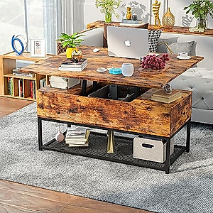 KCRET 43" Lift Top Coffee Table, 3 in 1 Multi-Function Coffee Table Modern Coffee Lift Table Dining Table with 2 Storage Drawers and Hidden Compartment for Living Room Reception Room (Rustic Brown)