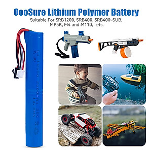 OooSure 2 pcs 7.4V Batteries 2000mAh for SRB1200 SRB400 SRB400-SUB MP5K M4 M110 for Hobby Remote App Controlled Vehicle Water Bead Blaster Airsoft Gun with 2S USB Charger and Mini Tamiya Switch Cable