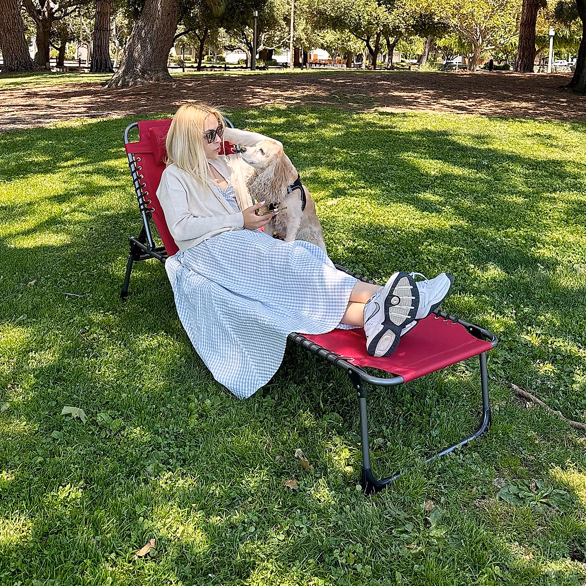 KingCamp Folding Outdoor Chaise Lounge Chair, 5-Position Adjustable for Beach, Sunbathing, Patio, Pool, Lawn, Lay Flat Portable Heavy-Duty Camping Reclining Chair with Shoulder Strap Side Pocket, Wine