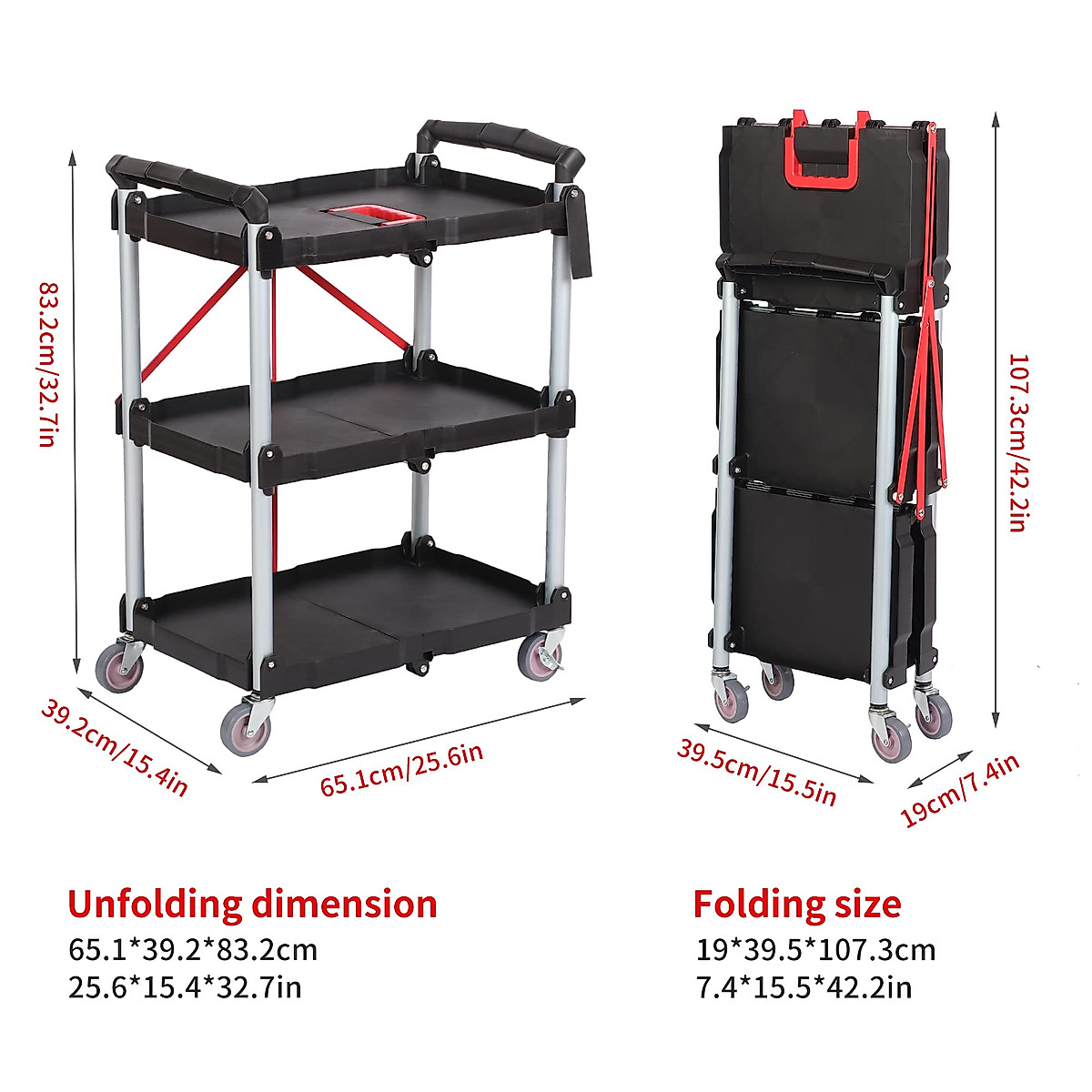 lesolar Portable Folding Service Cart - 3 Tier 150LBS Capacity - Rolling Cart Utility Cart Foldable Cart with Wheels for Warehouse Home, Black