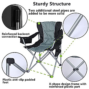 YSSOA Oversized Camping Folding Chair with Cup Holder, Side Cooler Bag, Heavy Duty Steel Frame Fully P Added Quad Armchair for Outdoors, 1-Pack, Grey