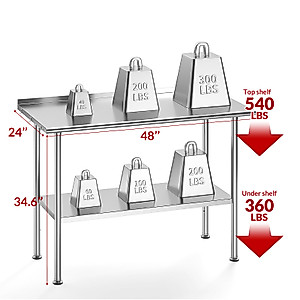 Atelicf Stainless Steel Prep Table for Work, 24 * 48 Inch, High Load Bearing with Undershelf and Backsplash for Outdoor, Restaurants, Hotels, Workshops, Kitchens, Garages and Gardens