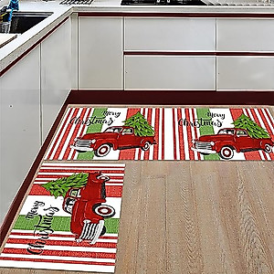 2 Pieces Kitchen Rugs and Mats Set, Christmas Truck Xmas Tree Red Green Stripe Kitchen Mats Cushioned Floormat Non Slip Runner Rug Set for Kitchen Laundry Entryway Decor, 15.7"x23.6"+15.7"x47.2"