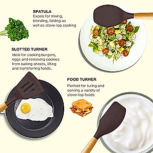 Kinfayv Silicone Cooking Utensils Kitchen Utensil Set, 21 PCS Wooden Handle Nontoxic BPA Free Silicone Spoon Spatula Turner Tongs Kitchen Gadgets Utensil Set for Nonstick Cookware with Holder (Coffee)