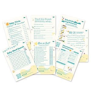 Wunder - Baby Shower Game Set with 6 Games, 30 Card Packs and Variety of Fun Activities, Mommy or Daddy, Predictions & Advice, Trivia, Word Search, Find Guest, Emoji & Bonus Mad Lib