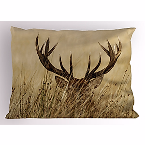 Lunarable Antler Pillow Sham, Whitetail Deer Fawn in Wilderness Stag in Countryside Rural Hunting Theme, Decorative Standard Size Printed Pillowcase, 26" X 20", Sand Brown