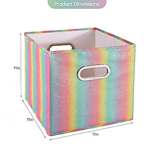 ANMINY 4 PCS Glitter Storage Cubes Shiny Sparkly Foldable Storage Basket Bin Box Set with Handles Collapsible Decorative Large Fabric Desktop Closet Shelf Organizer Container - 11x 11x 11 in, Silver