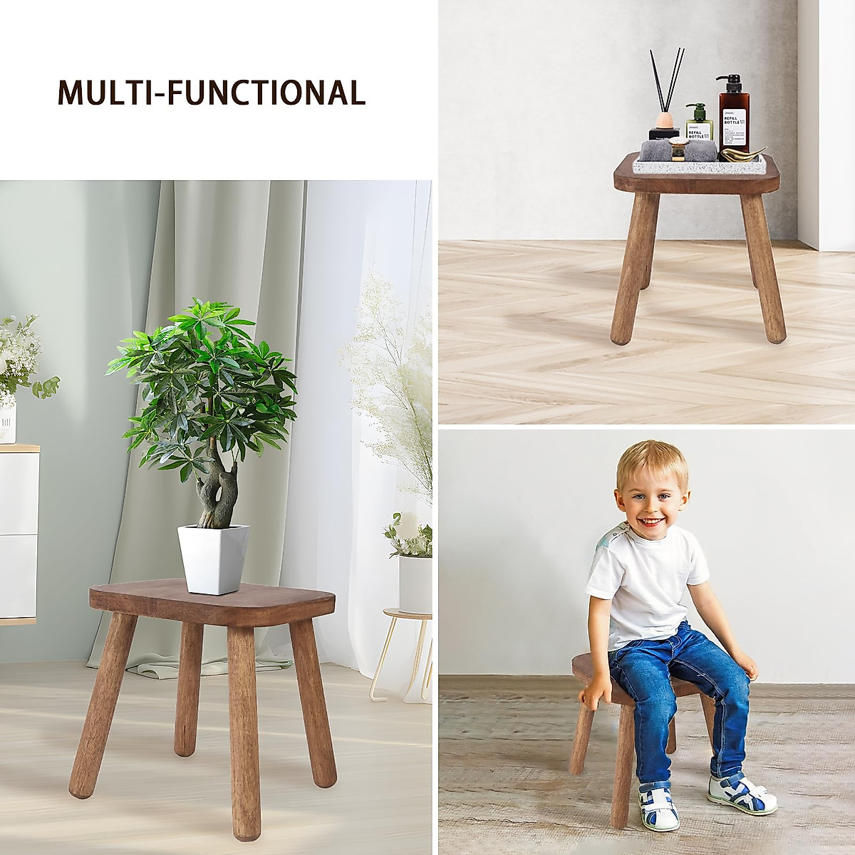 Jurath Natural Solid Wood Step Stool Wood Stool for Kids 11.7'' Sturdy Sitting Stool Wooden Step Stool for Adults Square Stool Wood Plant Stand Small Foot Stool with Four Detachable and Assembled Legs