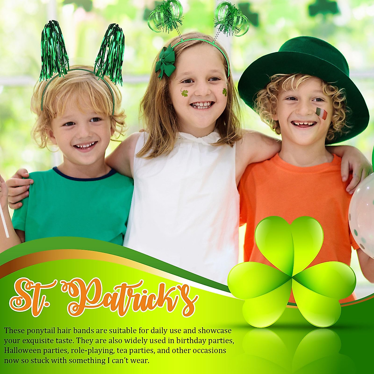 Censen 24 Pcs Pom Pom Headband Tinsel Wrapped Ponytails Head Bopper Headwear Hair Accessories Party Costume(Green)