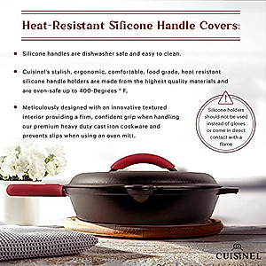 Cuisinel Cast Iron Skillet with Lid - 12"-inch Pre-Seasoned Covered Frying Pan Set + Silicone Handle & Lid Holders + Scraper/Cleaner - Indoor/Outdoor, Oven, Stovetop, Camping Fire, Grill Safe Cookware
