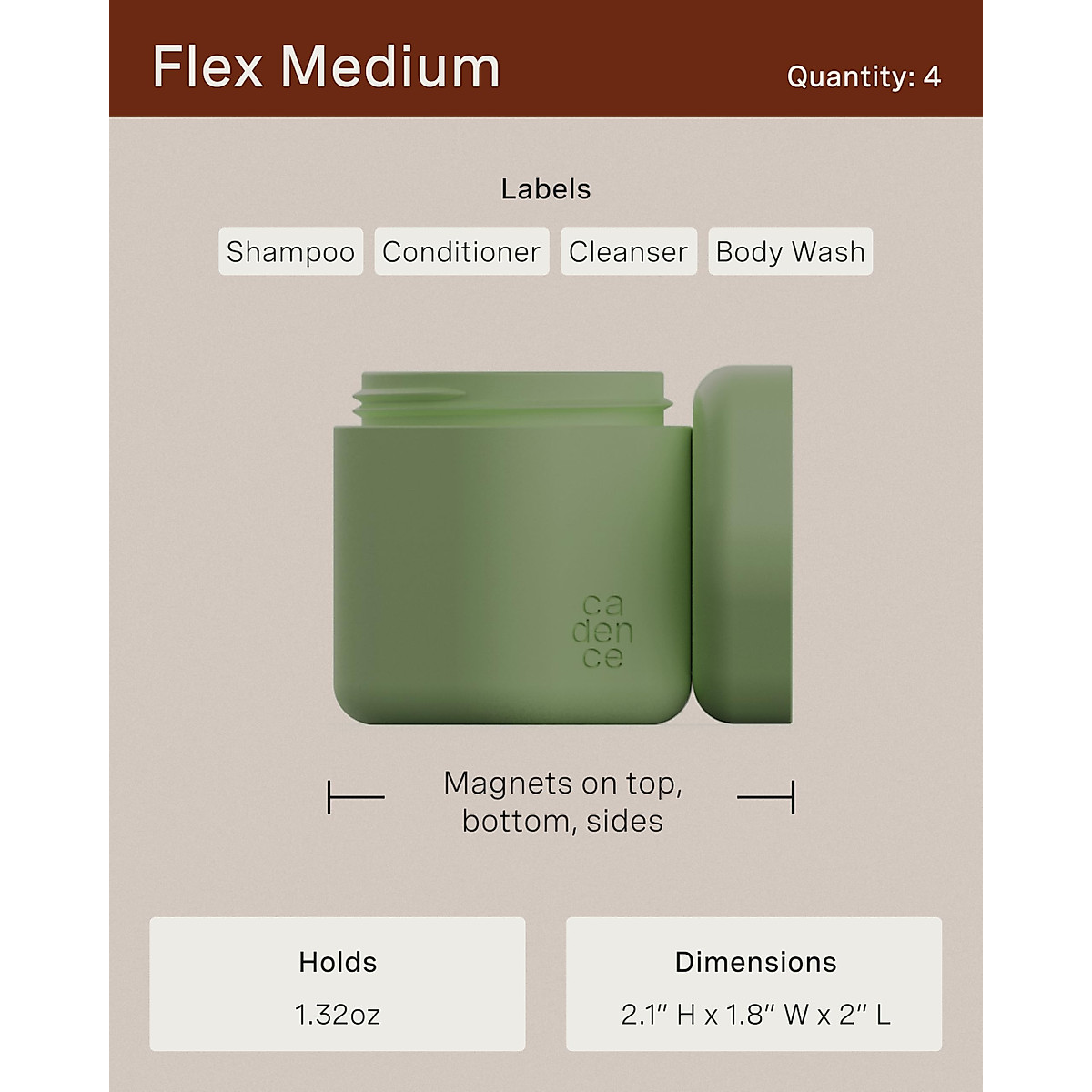 Cadence Travel Containers - Daily Routine Capsule Set - Magnetic Travel Capsules - For Shampoo, Conditioner, Body Wash, Pills, and More - 4 Flex Mediums (1.32oz) & 3 Flex Smalls (0.56oz) - Petal